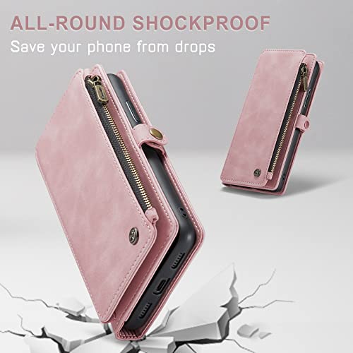 Defencase iPhone 11 Pro Max Wallet Case, PU Leather Magnetic Flip, Wristlet Strap, Zipper Card Holder, 6.5", Rose Pink