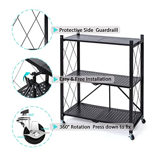 MYDENIMSKY 3-Tier Storage Shelves, Metal Storage Shelves Rack, Foldable Shelving Units with Wheels, Wire Shelving Units No Assemble Required, Movable Garage Shelves, Kitchen and Garden Shelves, Black