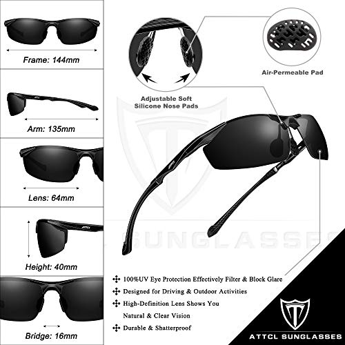 ATTCL Polarized UV Protection Sports Fishing Driving Sunglasses for Men Al-Mg Metal Frame Ultra Light 8585 Black