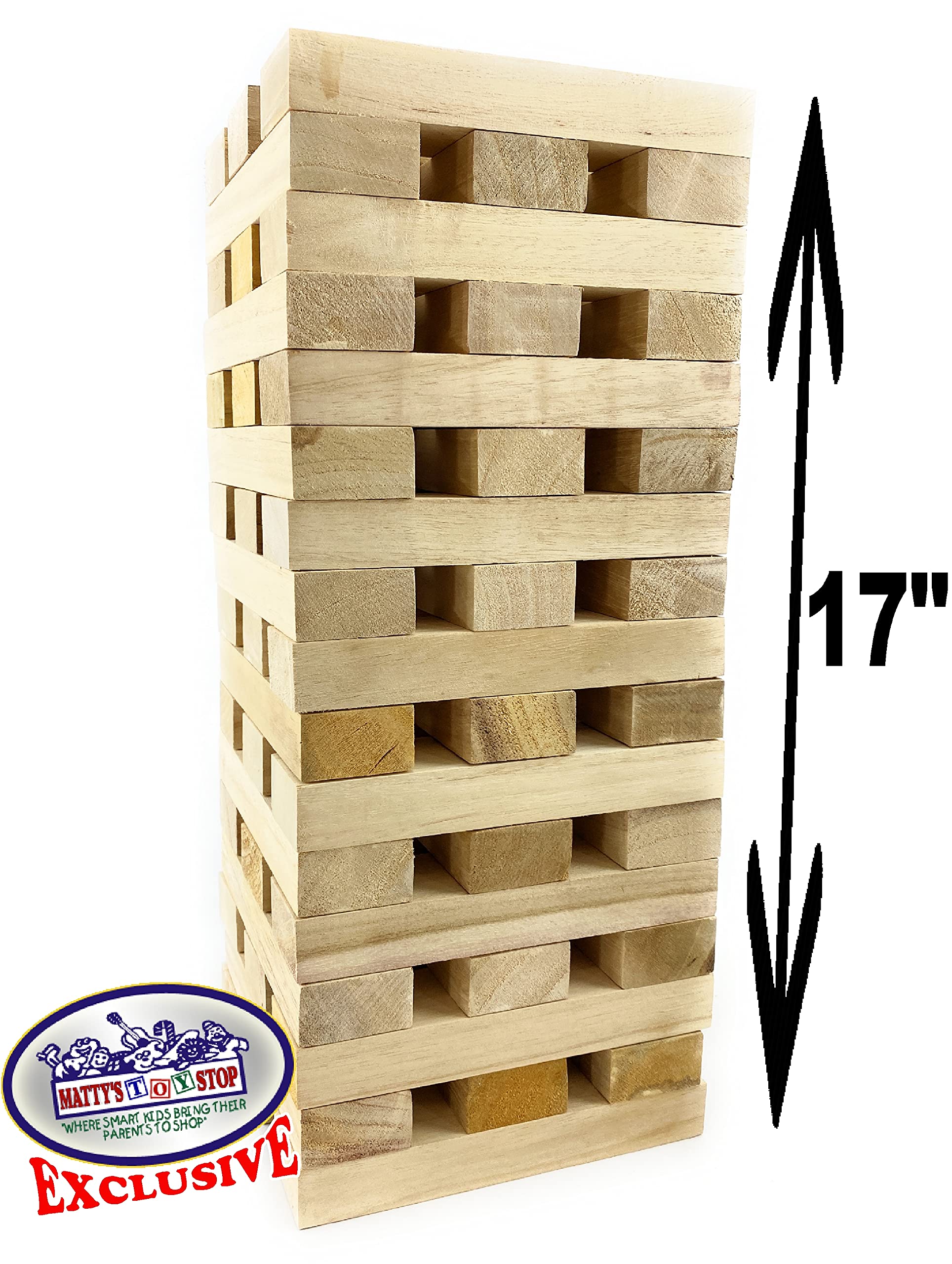 Mɑtty's Toy Stop Deluxe 51pc Giant Wood Tower Stacking Game with Storage Bag (Starts 17" Tall)