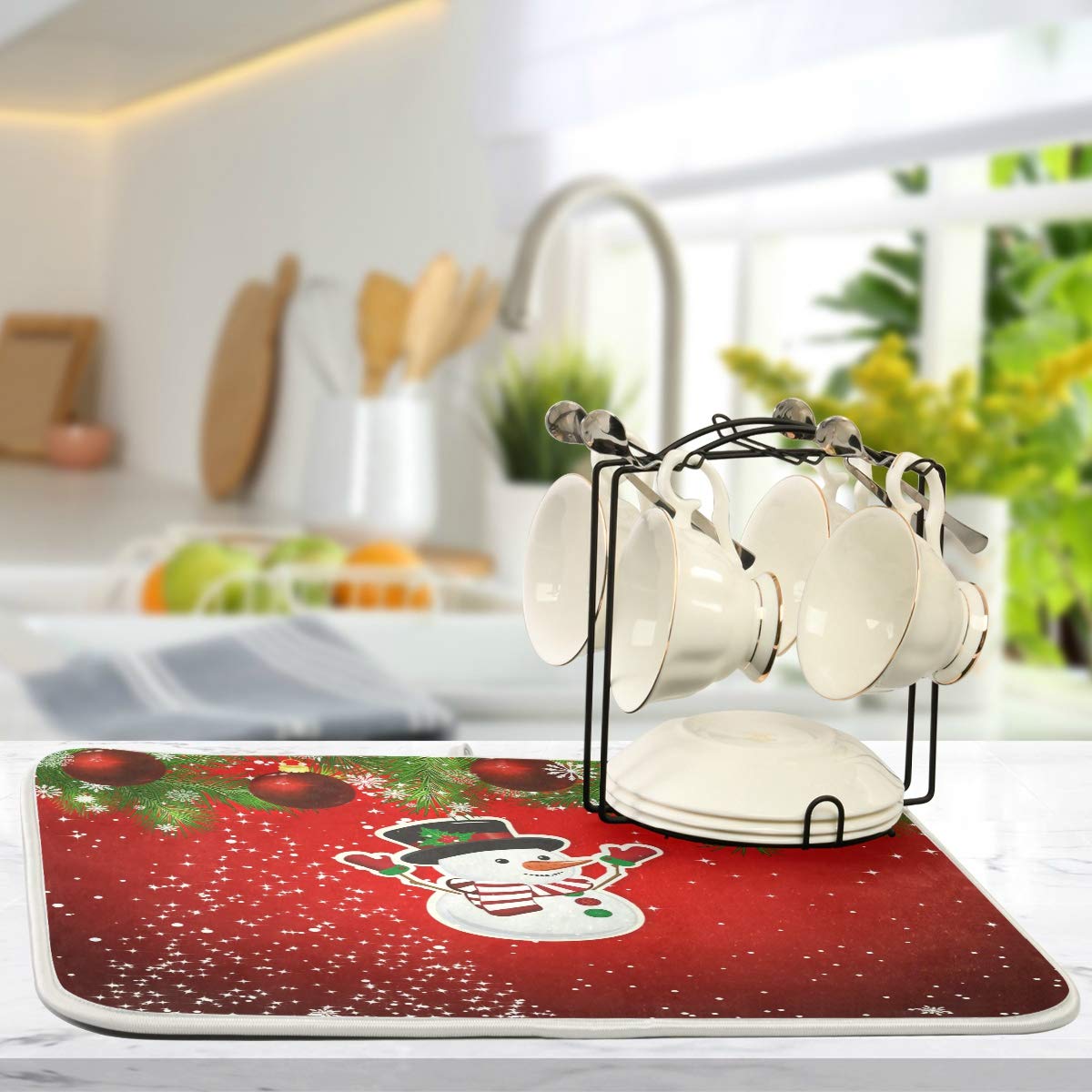 Christmas Dish Drying Mat, Red Christmas Snowman Dish Mat for Kitchen Countertops Sinks Drying Mat Absorbent Heat Resistant Dishes Drainer Pad 18 x 24 Inch