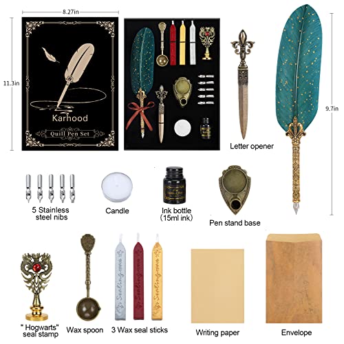 Karhood Quill Pen and Ink Set - Feather Calligraphy Dip Pen with Wax Seal Stamp Kit and 5 Nibs (Dark Green)