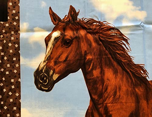 Horses & Horse Shoes Quilt Block or Pillow Cotton Fabric Panel (Great for Quilting, Sewing, Craft Projects, Blanket, Wall Hangings, and More) 35" X 44" Tall