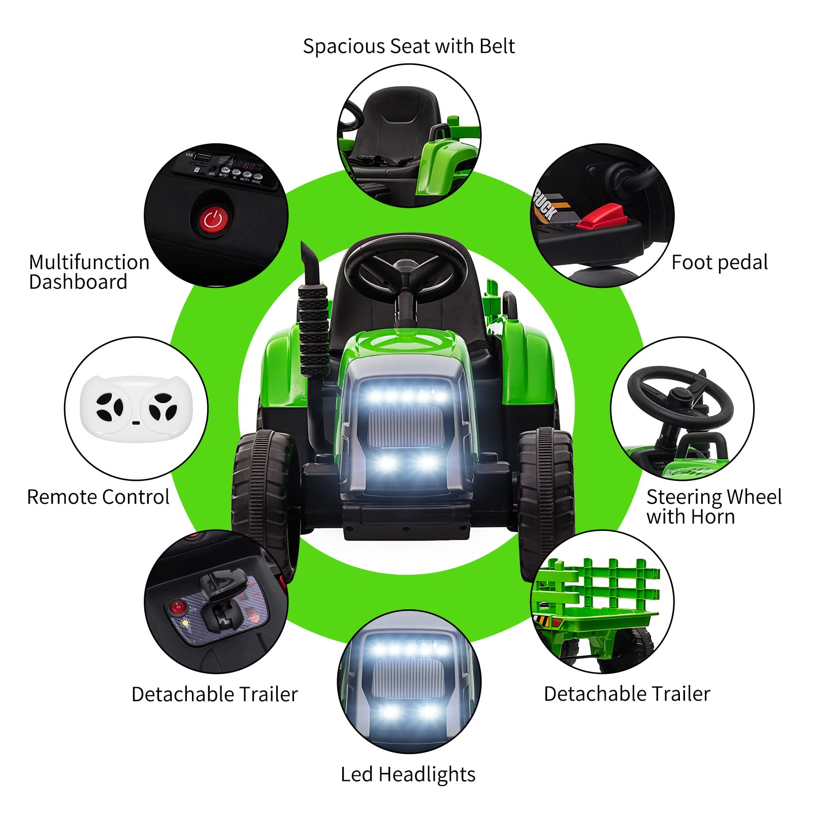 Nasitip 12V Battery Powered Electric Tractor with Trailer, Toddler Ride On Car w/Remote Control/7-LED Headlights/2+1 Gear Shift/MP3 Player/USB Port for Kids 3-6 Years (Green, 25W/Tread Tire)