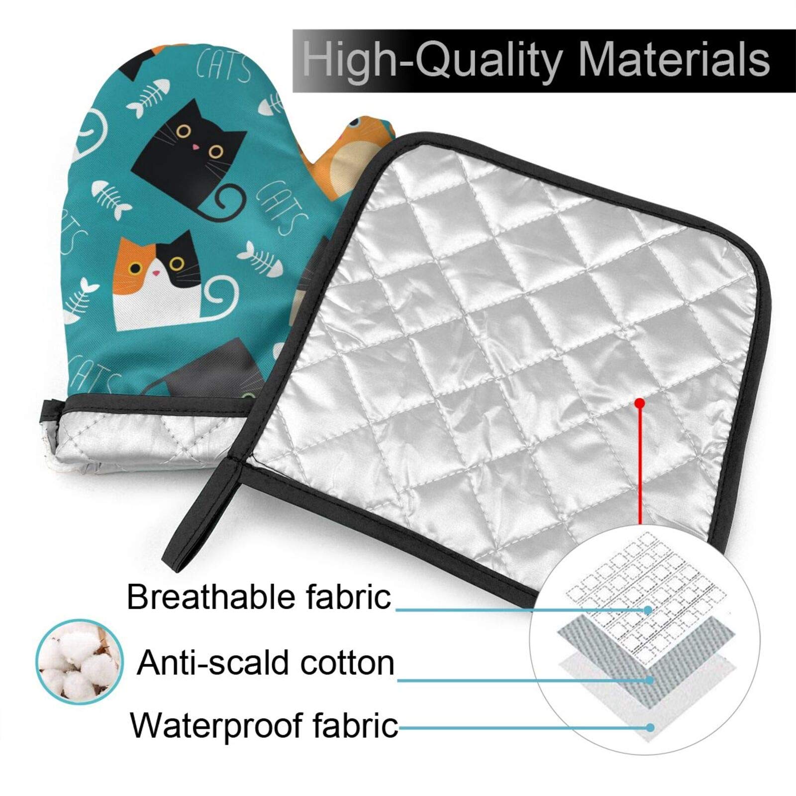 Cats Fishbone Oven Mitts and Pot Holders Set, Heat Resistant Kitchen Gloves with Inner Cotton Layer for Cooking Baking Grilling