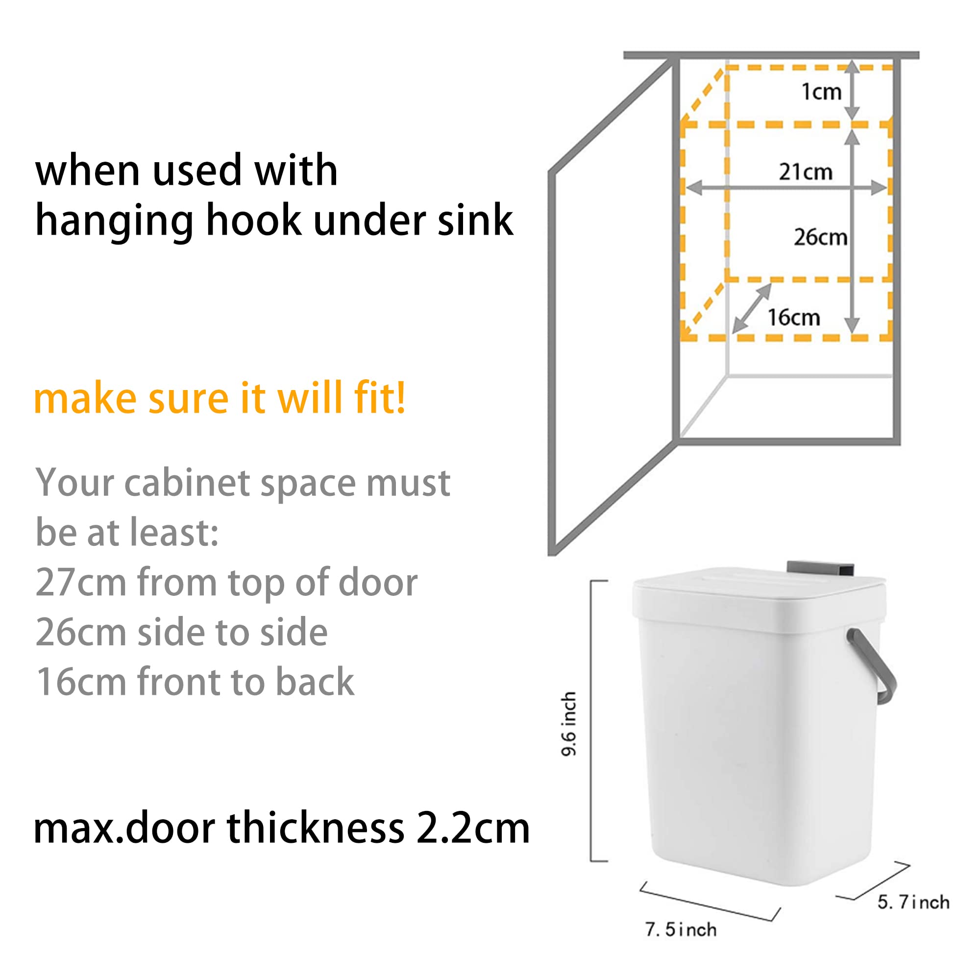 stonespace Hanging Small Trash Can with Lid Under Sink for Kitchen,1.3 Gallon/ 5L Mountable Compost Pail,Kitchen Compost Bin for Countertop, White