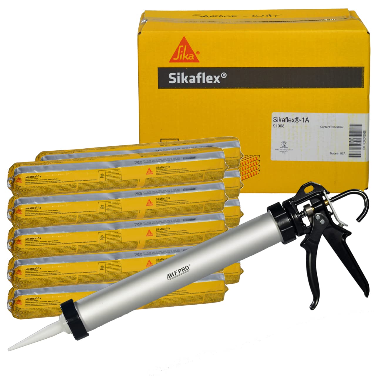 AWF PRO Sikaflex 1a Kit - One Component, Flexible, Non Sag, Polyurethane Concrete and Masonry Sealant for Vertical and Horizontal Surfaces, Sikaflex 1a 20 oz Sausage White (10), Caulking Gun