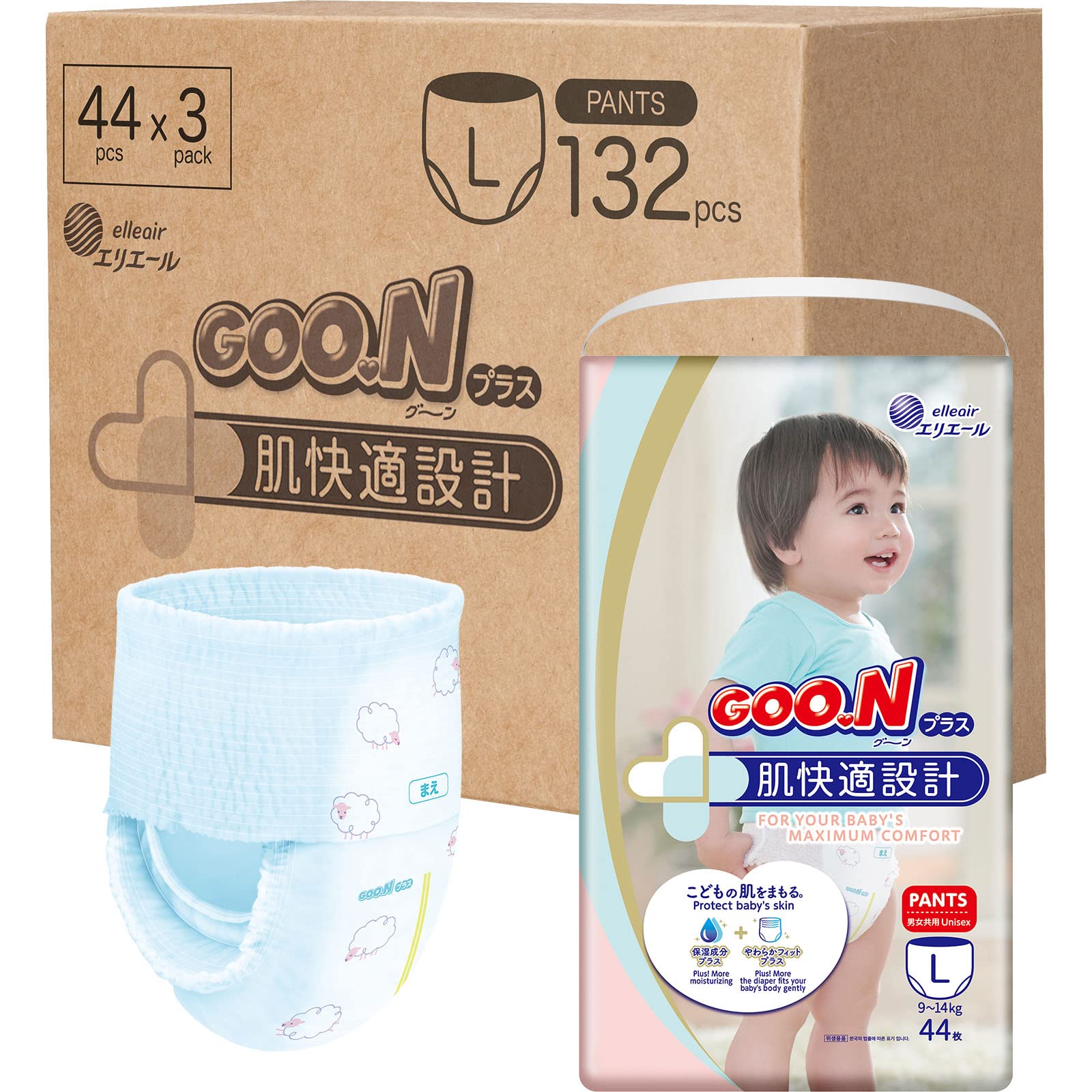 GOO.N Plus+ Pants L Size (up to 31 lb) Unisex 132 Count [3-Pack] Japanese Pull-up Skin Comfortable Design, Made in Japan