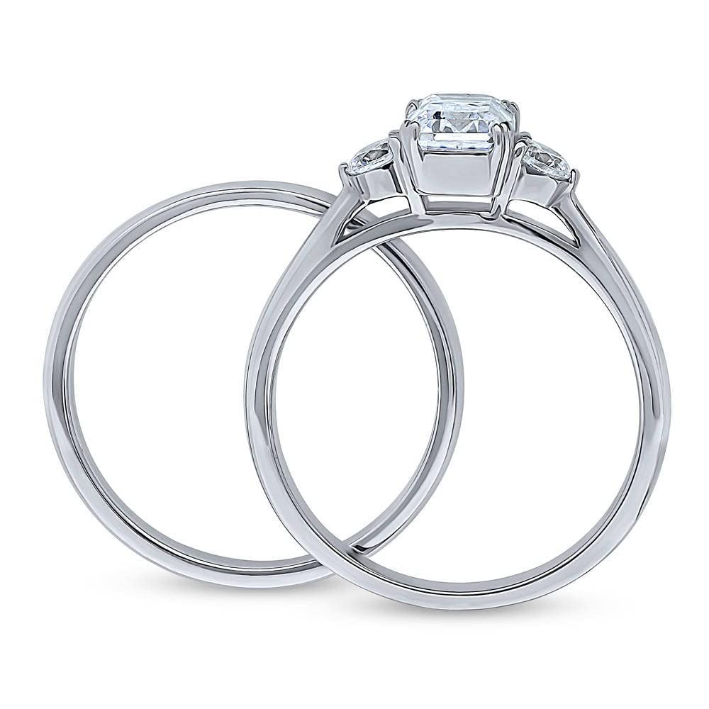 BERRICLE Sterling Silver 3-Stone Wedding Engagement Rings Emerald Cut Cubic Zirconia CZ Ring Set for Women, Rhodium Plated Size 9.5