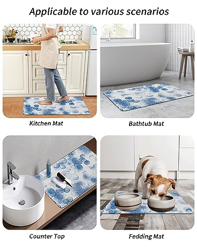 Gogobebe Super Absorbent Diatom Mud Mat Abstract Polypropylene Vintage Texture Blue White Quick-Drying Thin Bath Mat Non-Slip Bathtub Mat Anti-Skid Rubber Bathroom Shower Mat 20x32in