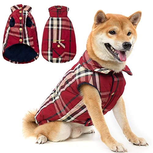EXPAWLORER Warm Dog Coat - Cold Weather Windproof Dog Fleece Coat for Winter, British Style Plaid Dog Jacket Cloth for Small Medium Large Dogs