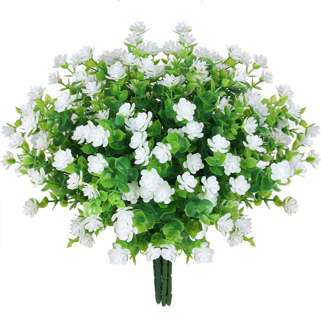 Flojery 6Pcs Artificial Flowers UV Resistant Fake Flower Greenery Eucalyptus Plants with Flower for Porch Window Box Home Garden Decor (White)
