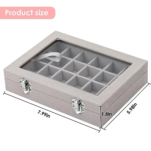 Fixwal Earring Jewelry Box 24 Grid Velvet Jewelry Tray for Drawers Glass Clear Lid Showcase Display Storage Ring Trays Earring Holder Organizer Case(Grey)