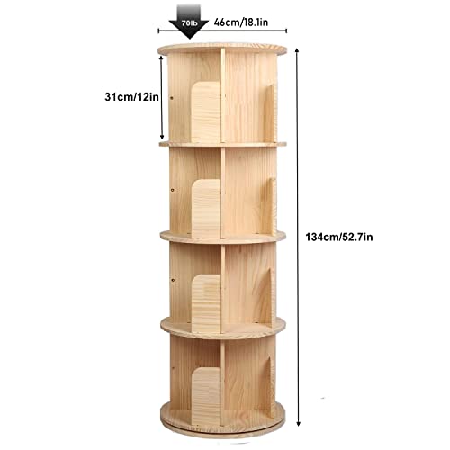 MYOYAY 4-Tier Solid Wood Bookshelf Floor Standing Bookcase 360° Rotation Book Storage Cabinet Magazines Potted Plants Display Stand Holds Up to 200 Books Study Office Home Decoration