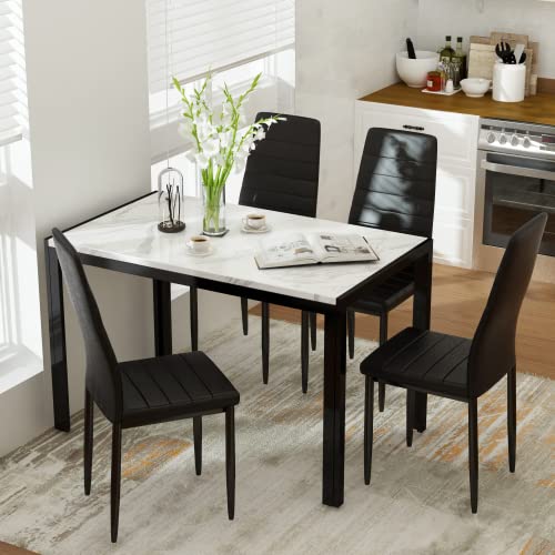 Lamerge Faux Marble Dining Table Set for 4,5 Piece Dining Room Table Set,Rectangular Table and 4 PU Leather Chairs for Living Room,Dining Room,Breakfast Nook,White&Black, (LMDT-wb)