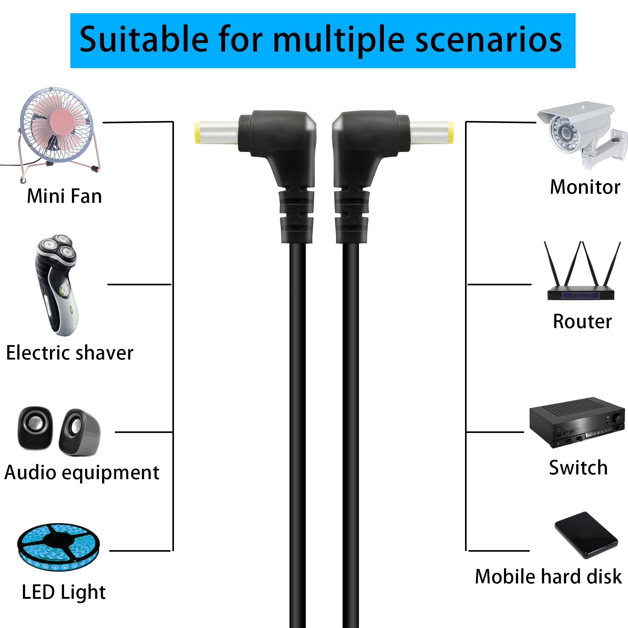 GINTOOYUN 2 PCS DC 5.5MM x 2.5MM 90 Degree Male to Male Plug Cable, 18AWG Right Angle DC5525 Power Cable Extension Cord for Strip Lihgt,CCTV,Monitors,etc(0.3m)
