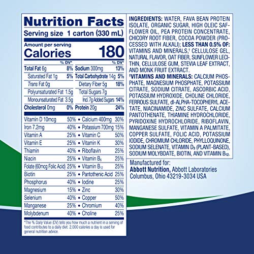 Ensure 100% Plant-Based Vegan Protein Nutrition Shakes with 20g Fava Bean and Pea Protein, Chocolate, 11 Fl Oz, 12 Count