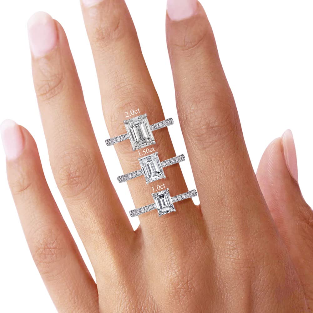 Bo.Dream 1.5ct Emerald Cut Cubic Zirconia CZ Engagement Rings Platinum Plated Sterling Silver Size 6.5