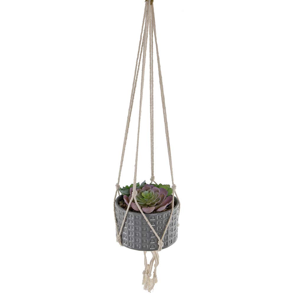 Flora Bunda Mid Century Artificial Plants 4.5" Artificial Succulent Garden Macrame Grey Hanging Ceramic Planter