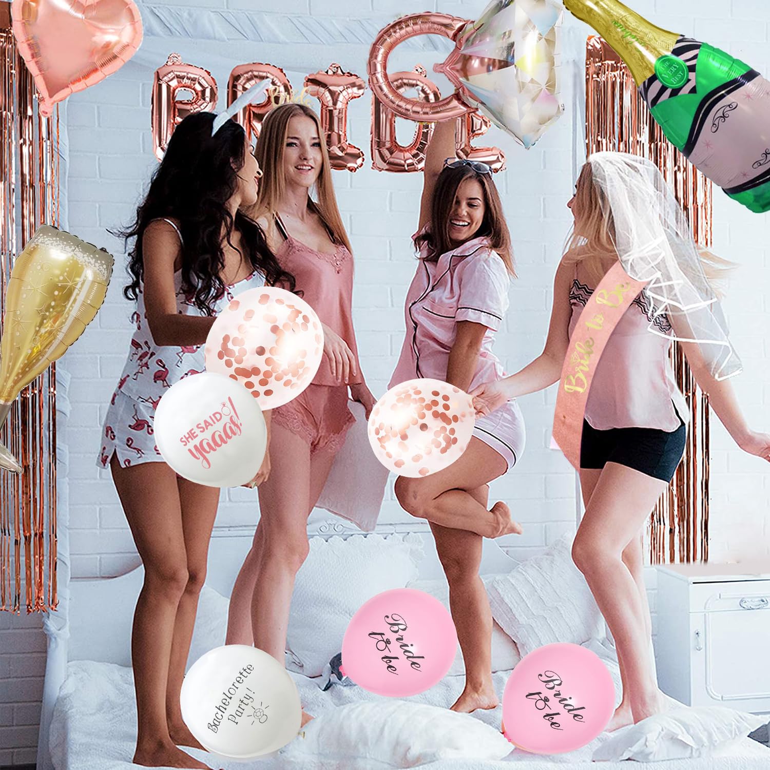 HIPEEWO Bachelorette Party Decorations, Bridal Shower Decorations Including Photo Props, Table Runner, Veil, Headband, Banner, Cups, Sash, Balloons, Topper, Sticker, Bride Bachelorette Party Supplies