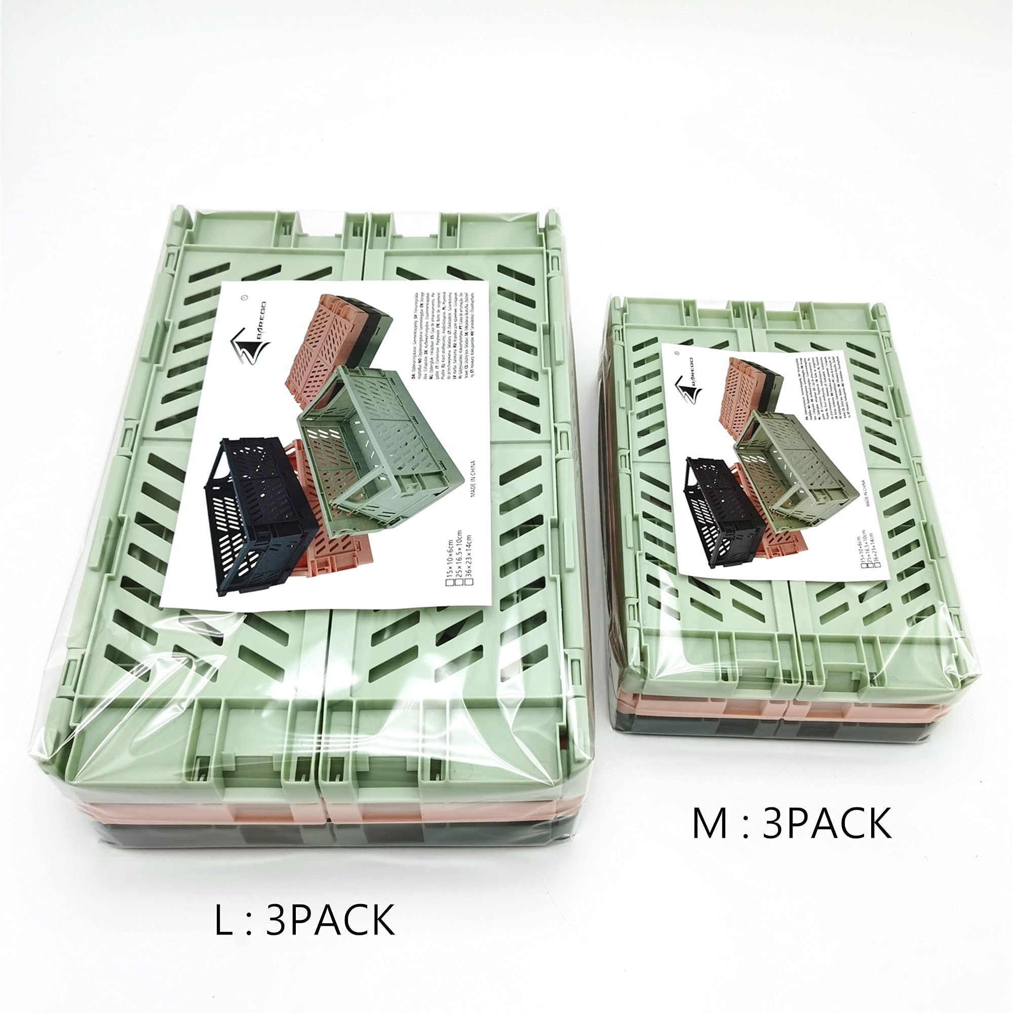BAREGO Plastic Crates, Collapsible Folding Storage Basket/Container, Stackable Box for Office Kitchen Bathroom Grocery Car Trunk (M: 9.966.54.06in(3pcs, Macaron Mix 3 Color) M: 9.96*6.5*4.06in(3pcs)