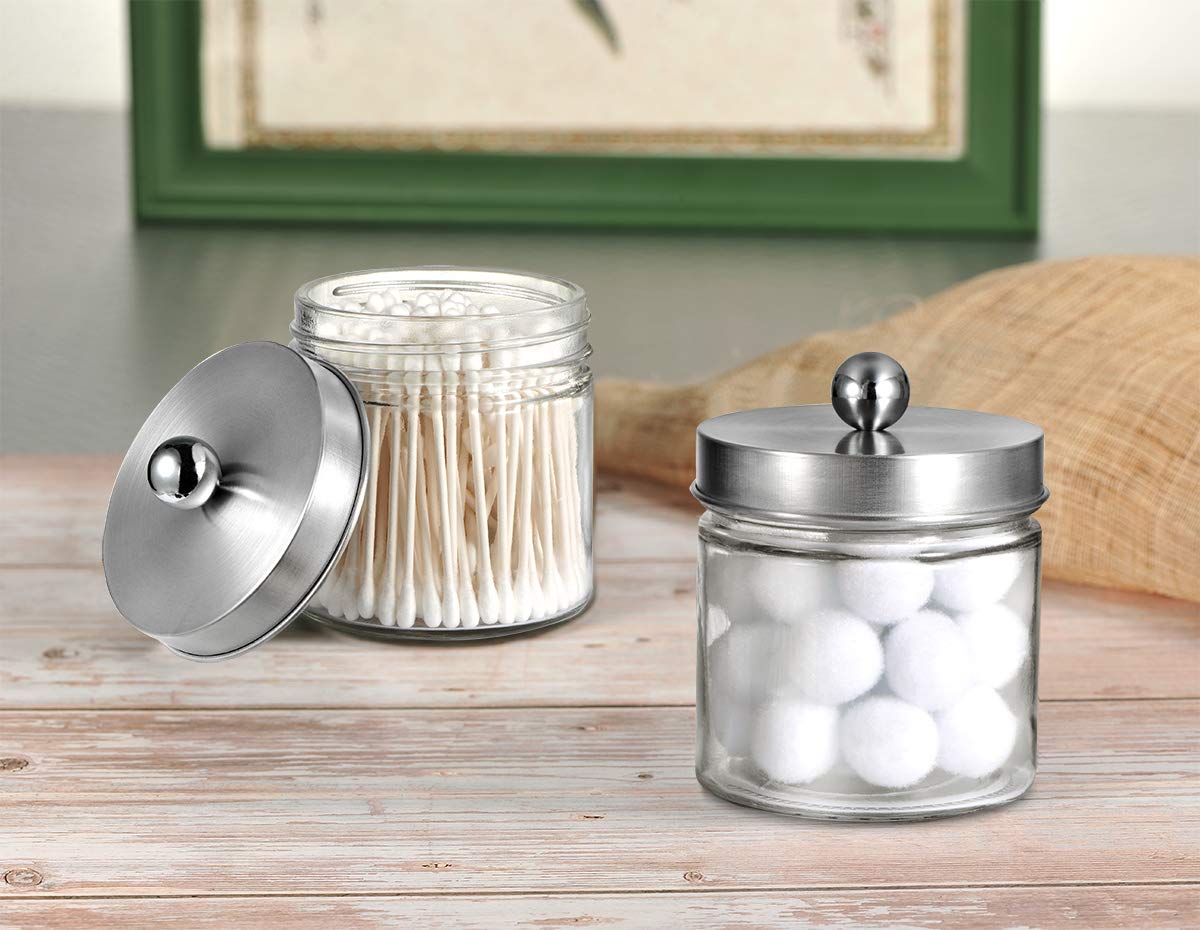 Bathroom Vanity Glass Storage Organizer Holder Canister Apothecary Jars for Cotton Swabs, Rounds, Balls, Qtips,Makeup Sponges, Flossers,Bath Salts - 2 Pack, Clear (Brushed Nickel)