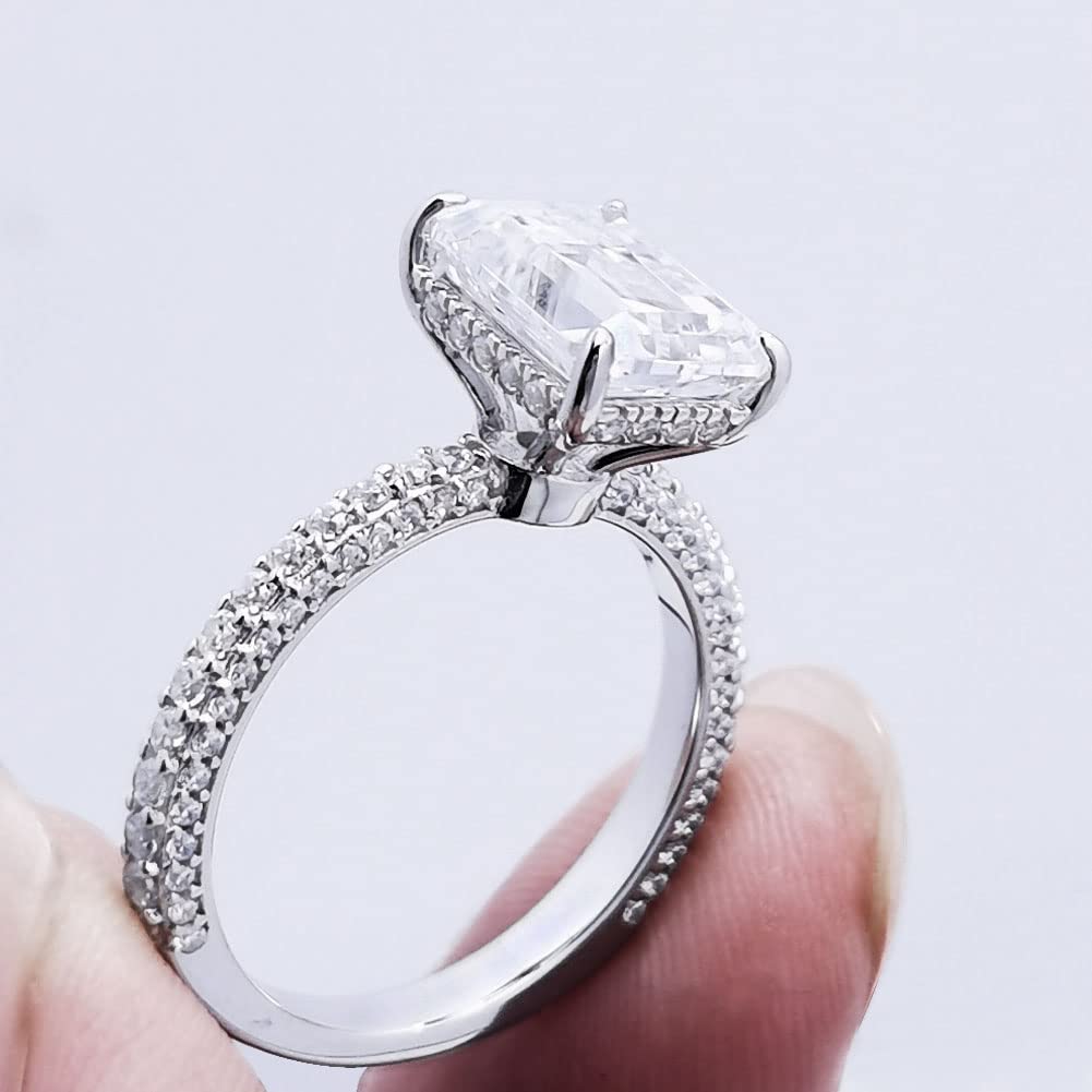 Bo.Dream 3 Carat Emerald Cut Cubic Zirconia CZ Engagement Rings For Women Platinum Plated Sterling Silver Size 6.5