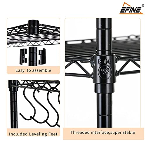 EFINE 4-Shelf Shelving Unit with 8 Hooks and 4-Shelf Liners, NSF Certified, Adjustable Metal Wire Shelves, Shelving Rack and Storage for Kitchen Laundry Bathroom Pantry Closet(23.6W x 14D x 47H) Black