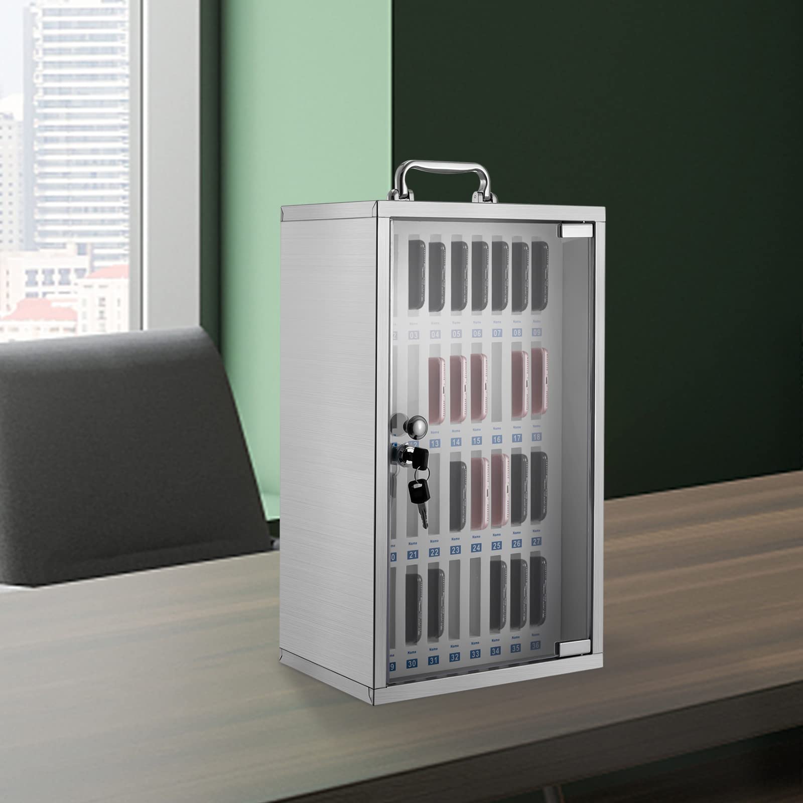BANLICALI Phone Locker, 36-Slot Stainless Steel Cell Phone Locker Box, Desktop & Wall-Mounted Cell Phones Storage Cabinet with Door Locks and Handle for Classroom Office Employees Silver