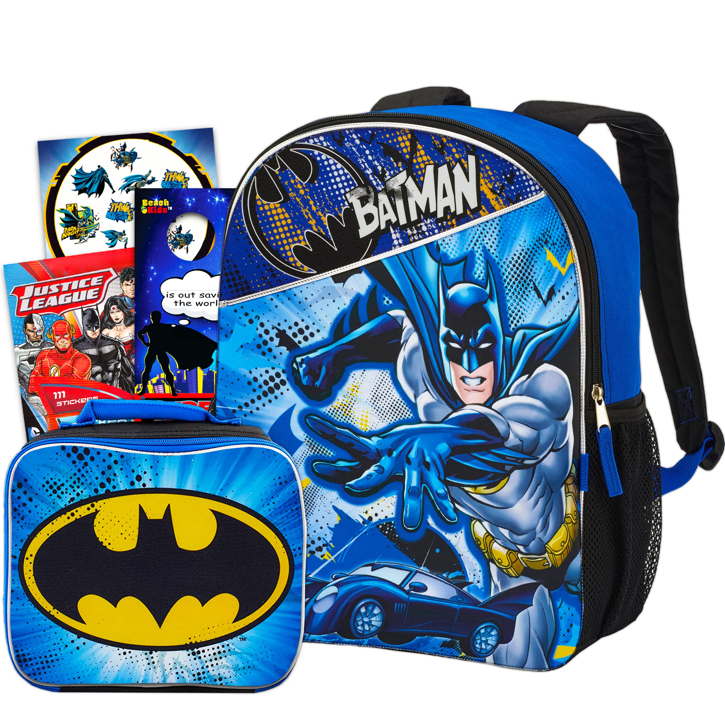 Batman Backpack with Lunchbox Set for Boys Kids ~ 6 Pc Bundle With Deluxe 16" Batman Backpack, Insulated Lunch Bag, Stickers, and More (Batman School Supplies)
