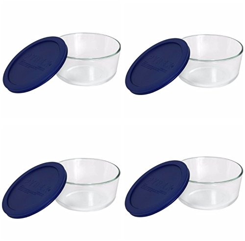 Pyrex Storage Plus 7-cup Round Glass Food Storage Dish Blue Plastic Covers (Pack of 4 Containers) Made in the USA