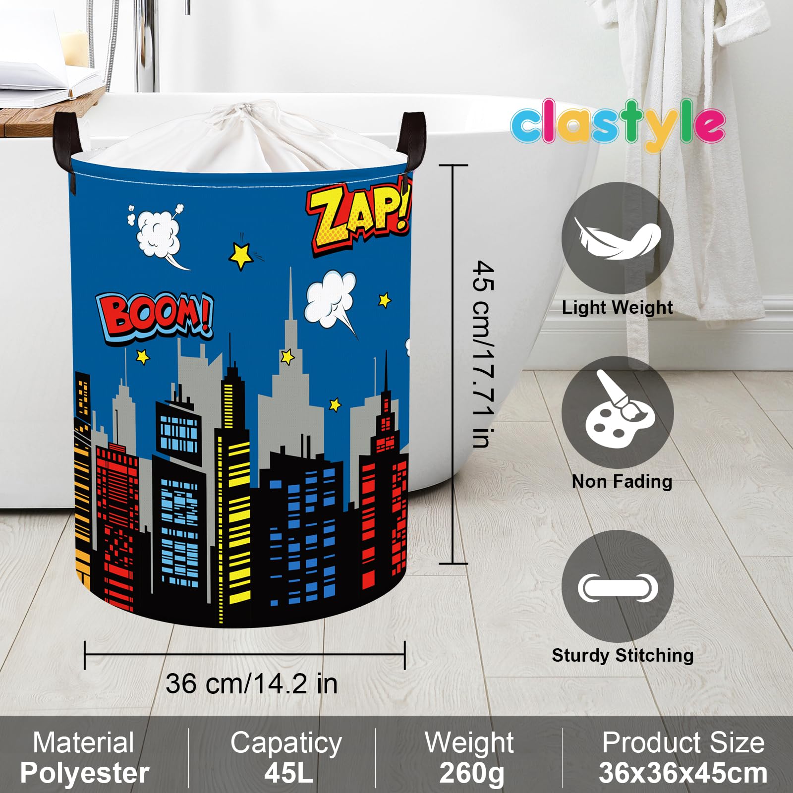 Clastyle 45L Large Blue City Hero Skyline Kid Laundry Hamper with Handle Comic Hero Building Silhouettes Clothes Toy Boys Basket with Lid for Nursery