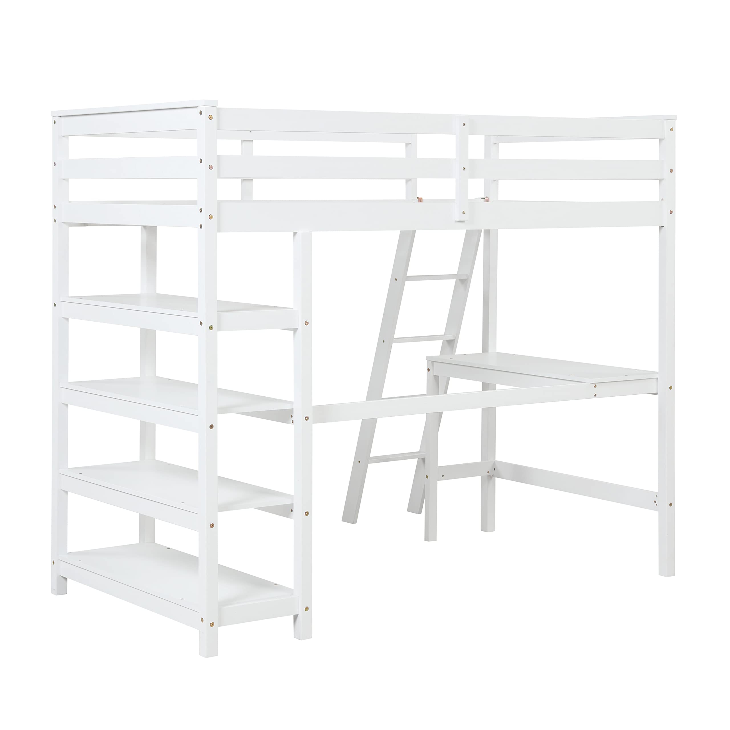 Harper & Bright Designs Twin Size Loft Bed with Desk Underneath Twin Loft Bed with Shelves and Ladder, Wood Loft Bed Twin for Kids Girls Boys,White