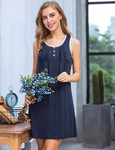 HOTOUCH Womens Nightgowns Sleeveless Sleepshirt Short Nightie Soft Sleep Night Shirts Soft Sleepwear Gowns Navy Blue L