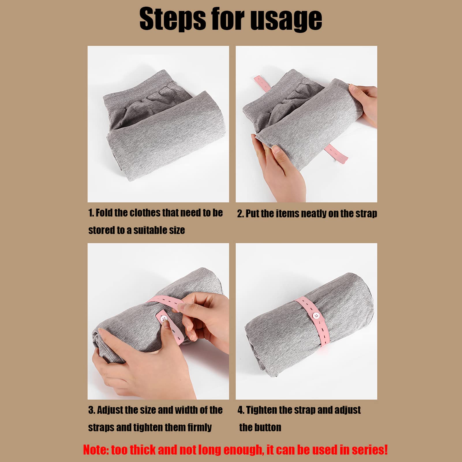 VSV stoage Adjustable Clothes Storage Elastic Band, Roll-up Clothing Storage Strap with Button and Buttonholes, Space Saver, Connatable Strap for Drawer, Closet and Travel Luggage, Grey
