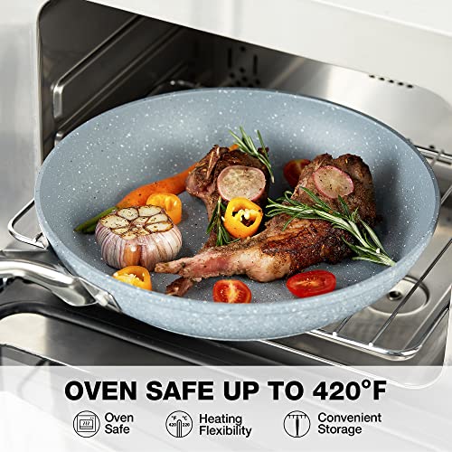 HLAFRG 8 Inch Nonstick Frying Pan with Lid,Blue Marble Die-cast Skillet, Stone-Derived Coating,APEO & PFOA Free, with Soft-touch Ergonomic Handle,Oven Safe and Induction Compatibleā¦