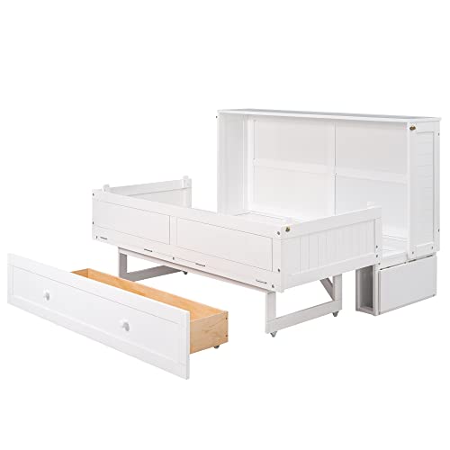 Flieks Queen Size Mobile Murphy Bed, Queen Platform Bed with Drawer and Little Shelves on Each Side, White