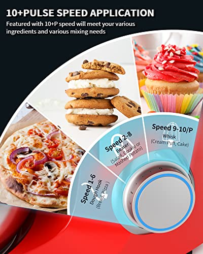 Stand Mixer, CWIIM 10+P Speed 4.8 QT Food Mixer with Dough Hook Whisk Beater Splash Guard Mixing Bowl, Tilt-Head Kitchen Electric Mixer for Baking Egg Bread Cakes Cookie Pizza Salad (Red)