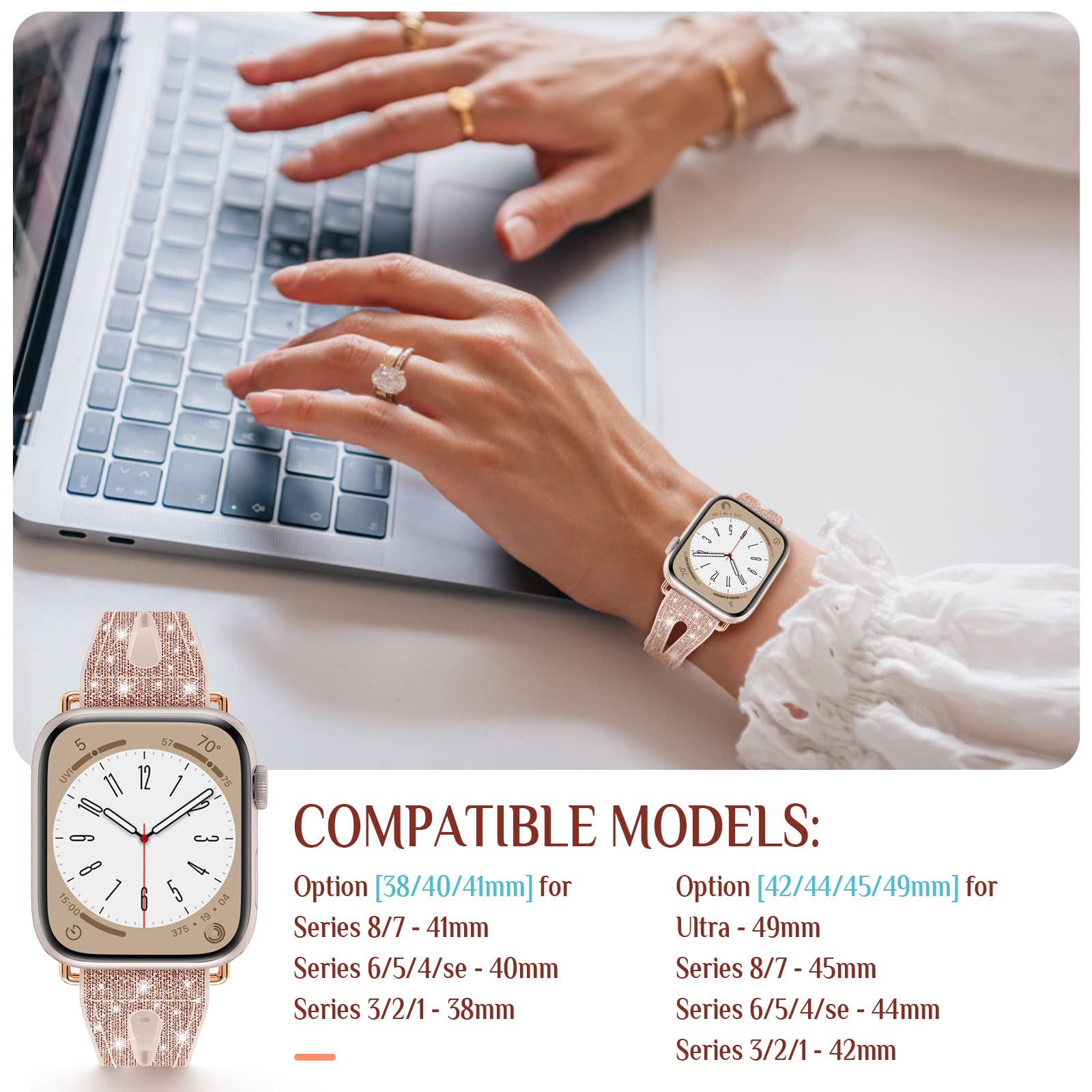 Goton Bling Silicone Band Compatible with Apple Watch 46mm 45mm 44mm 42mm 41mm 40mm 38mm Series 10 9 8 7 6 5 4 3 2 SE Women, Glitter Strap Accessories