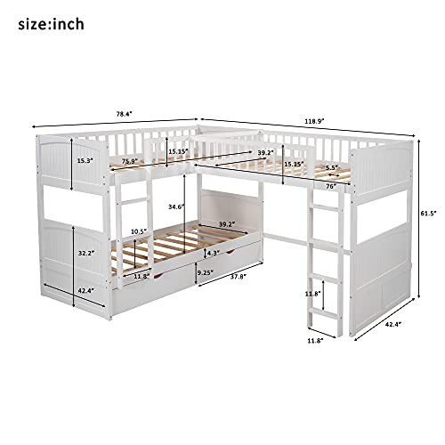 Flieks Triple Bed Twin-Over-Twin-Over-Twin Bed L Shaped Bunk Bed with 2 Drawers and 2 Ladders, No Box Spring Needed