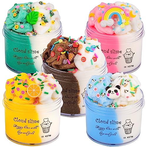 Cloud Slime Kit 5 Pack, with Ice Cream, Lemon, Rainbow, Panda, Mint Leaf Cute Charms, Soft and Mild, Stress Relief slimes Toy for Kids, Slime Party Favor for Girls and Boys