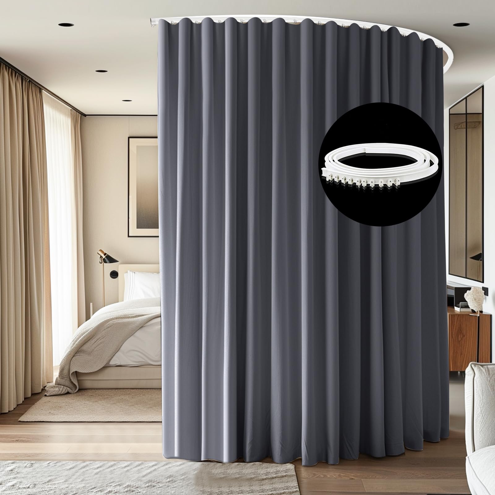 cbsroro Room Divider Curtains Ceiling Curtain Track Sets Blackout Curtains Ceiling Track for Curtain Flexible Track Curtain Extra Wide,W 8.3 x H 7ft 1Panel Grey Curtain and White Track