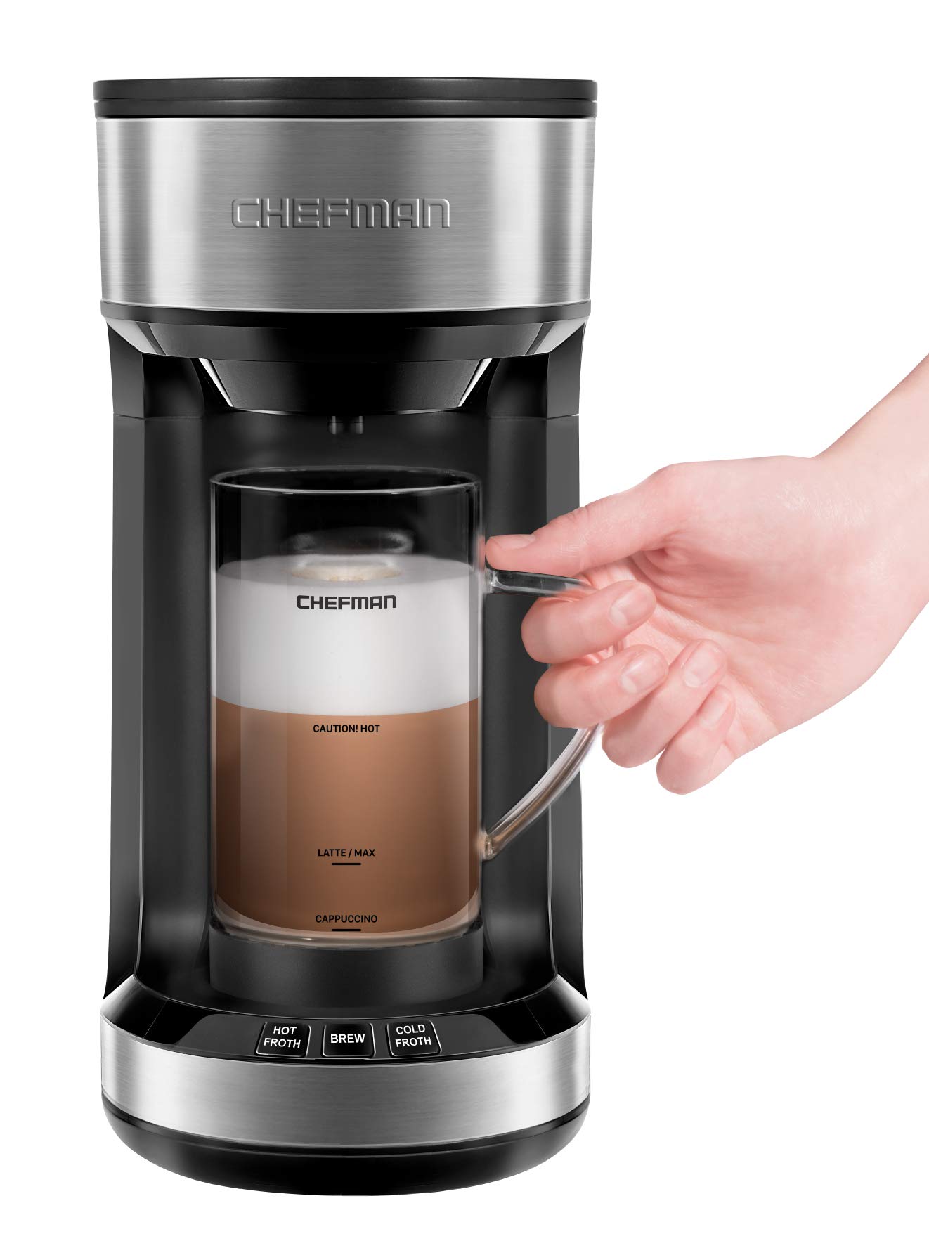 Chefman Froth + Brew Coffee Maker and Milk Frother Single Serve Brewer for K-Cup Pods & Grounds for Latte and Cappuccino Style Drinks, Compact 20 oz. Glass Mug and Reusable Filter Included, 21 oz