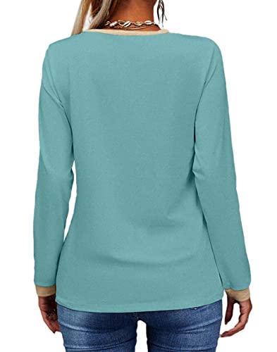 Dyexces Womens Long Sleeve T Shirts Casual V Neck Color Block Tunic Tops Loose Basic Top Lake Green