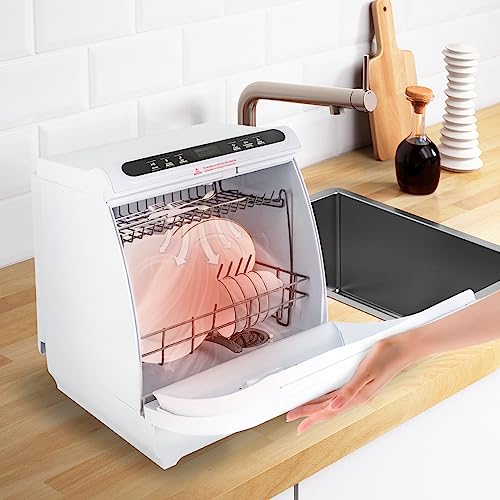 Countertop Dishwasher, Portable Dishwasher with 7L Built-in Water Tank, No Hookup Needed, 5 Programs, 360° Dual Spray, Air-Dry Function, Mini Dishwasher for RV& Apartment,Tank White