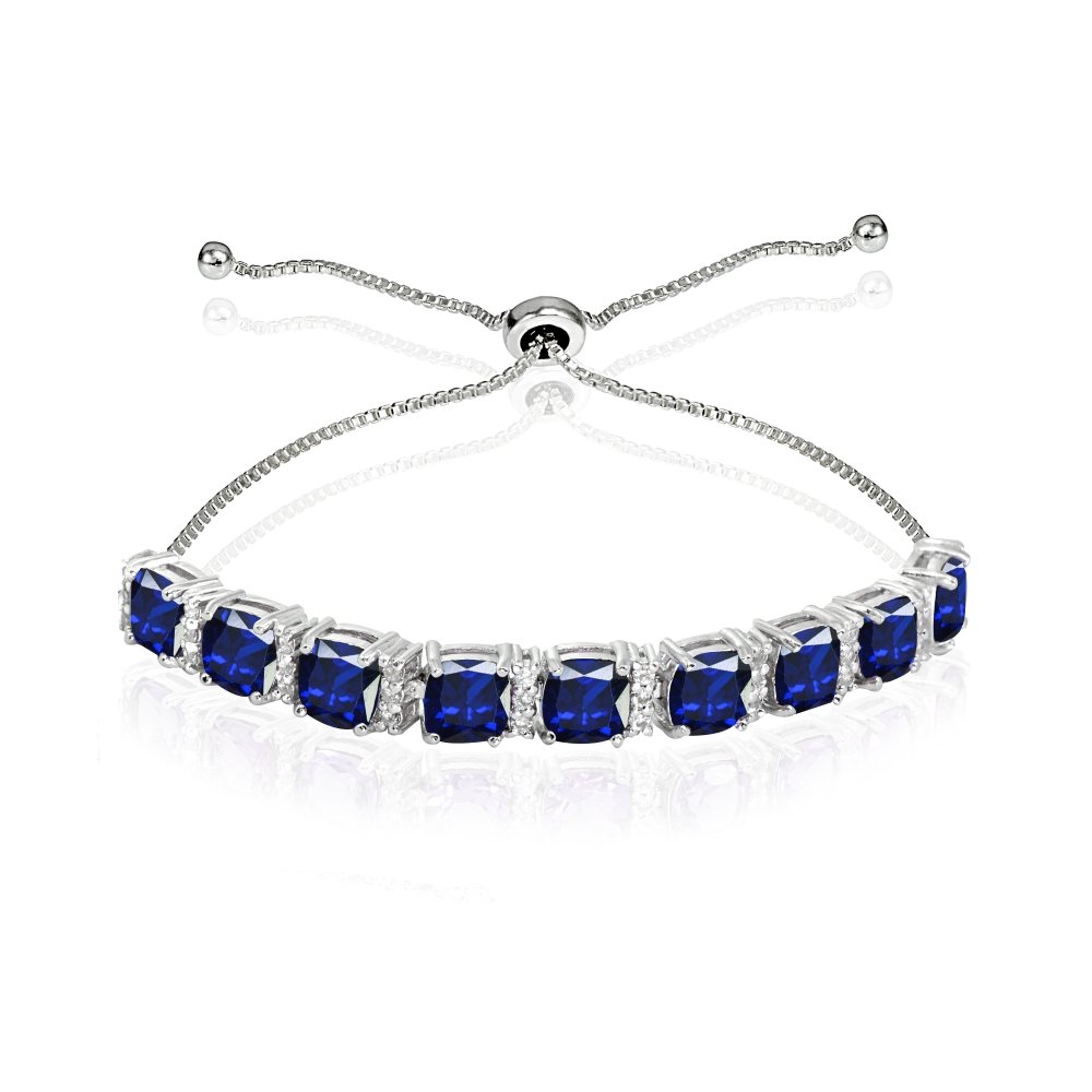 B. BRILLIANT Sterling Silver Created Blue Sapphire & White Topaz Cushion-Cut Adjustable Tennis Style Bolo Bracelet for Women