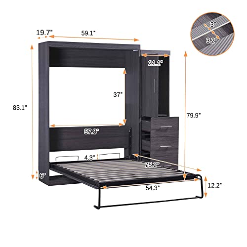 ATY Full Size Murphy Bed with Wardrobe and Drawers, Wood Storage Bedframe Can be Folded into a Cabinet, Bedroom Furniture, Save Space Design, No Box Spring Required, Gray