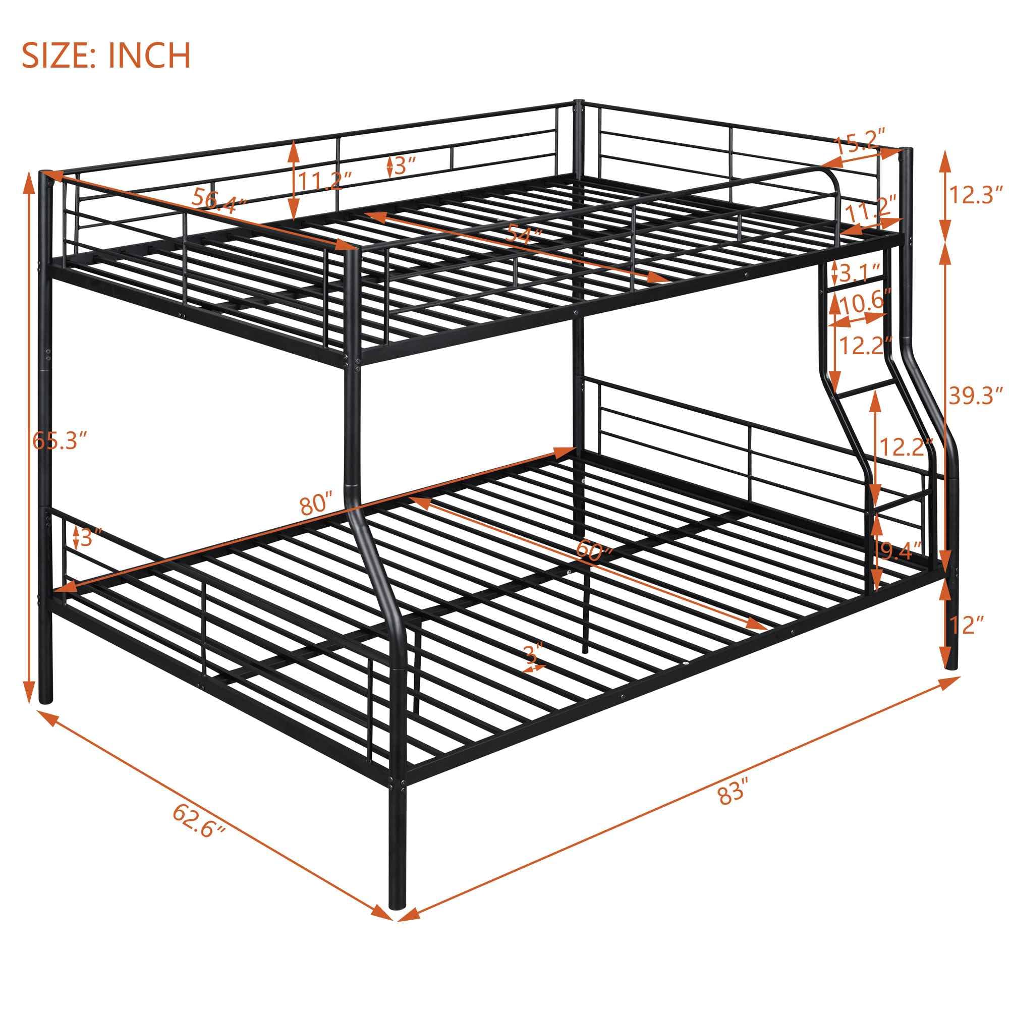 ATY Metal Bunk Bed Full XL Over Queen Size, Convertible Sturdy Bedframe w/Ladder and Guardrail, Can Seperated into 2Beds,No Box Spring Needed, for Kids, Teens, Adults, Black