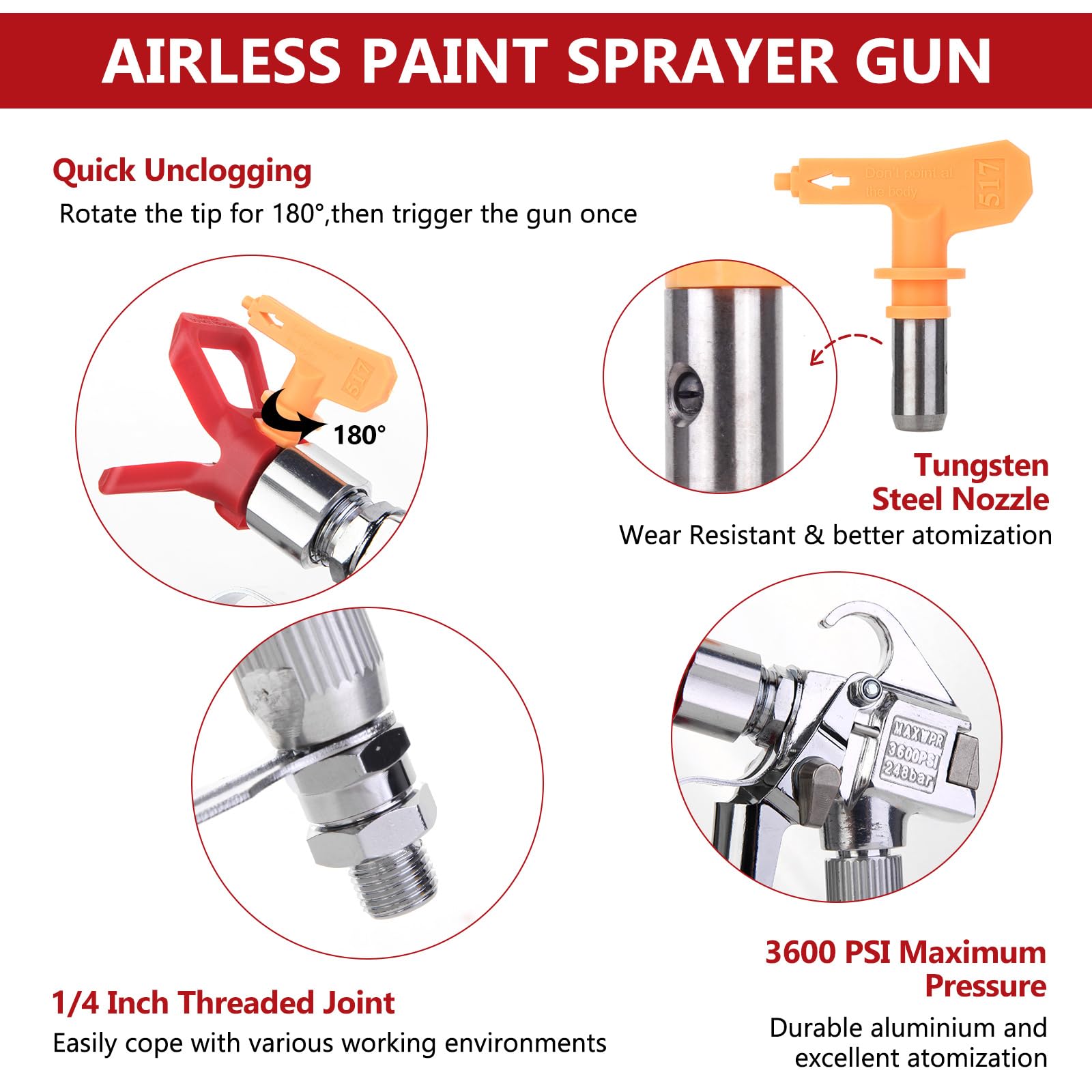 DUSICHIN DUS-036 Airless Paint Spray Gun High Pressure 3600 PSI 517 TIP Swivel Joint for Titan Graco Airless Paint Sprayers