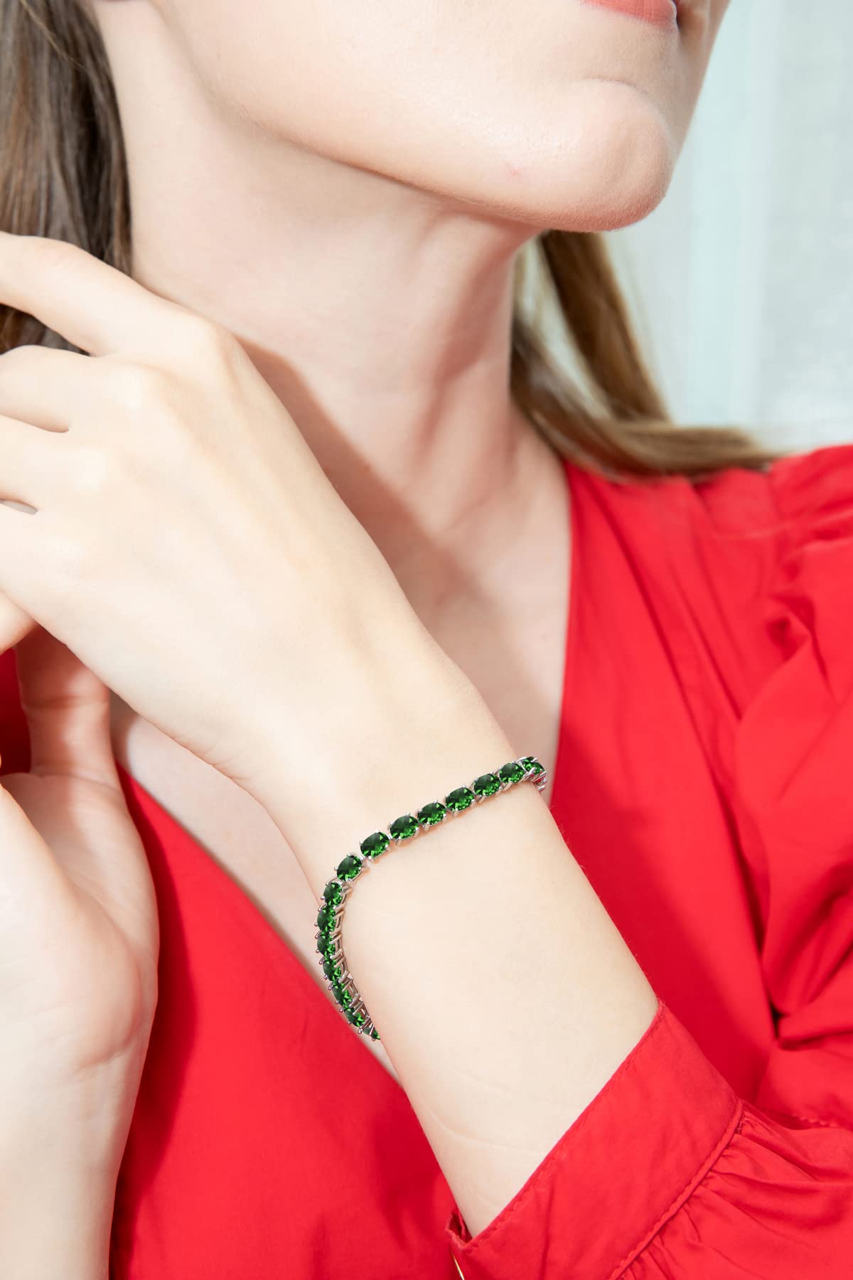 B. BRILLIANT Yellow Gold Flashed Sterling Silver 6X4mm Oval-cut Simulated Emerald Tennis Bracelet for Women